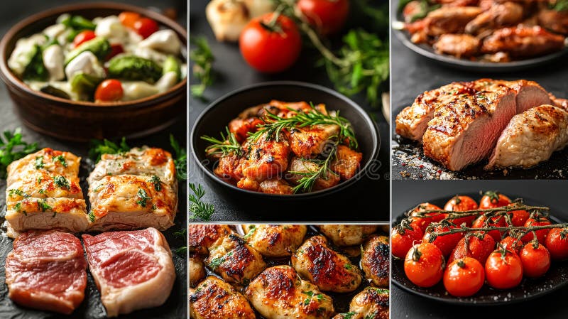 Collage of Various Dishes, Including Meat, Vegetables, and Fruit Stock ...