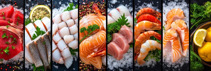 Collage of Various Fish Products Divided with White Vertical Lines ...