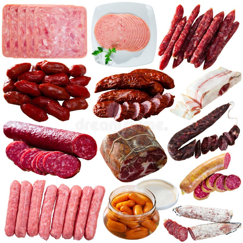 Collage of Various Meat Products Isolated on White Stock Photo - Image ...