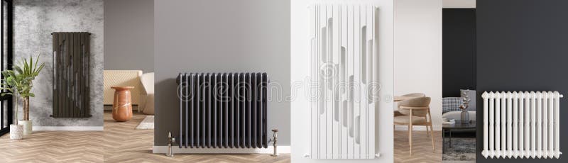 Collage with Various Modern Heating Radiators in Home Interior ...