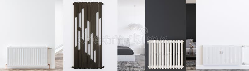 Collage with Various Modern Heating Radiators in Home Interior ...