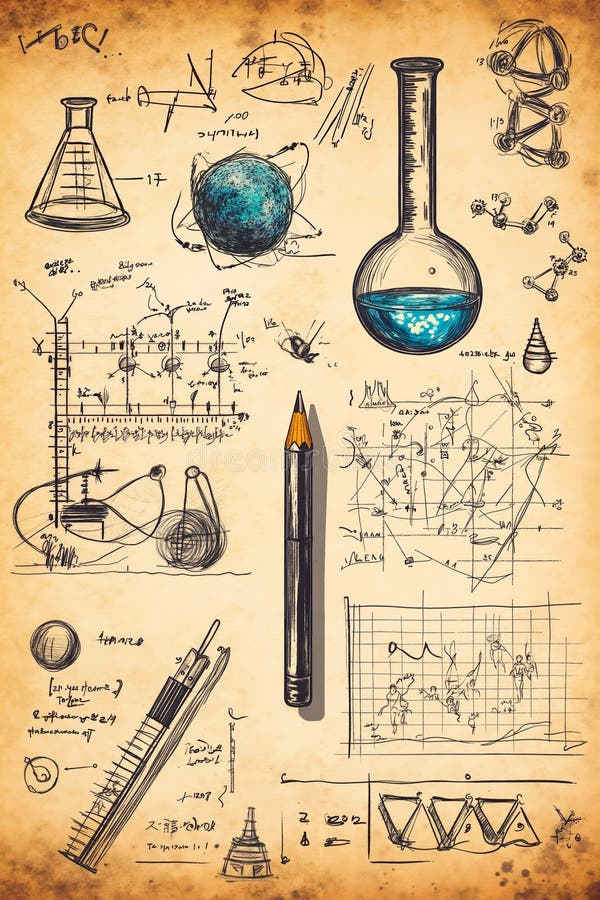 A Drawing of a Beaker Filled with Blue Liquid Next To a Pencil Stock ...