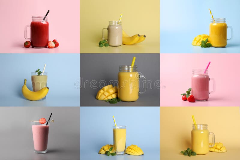 Collage with Various Smoothies on Different Color Backgrounds Stock ...