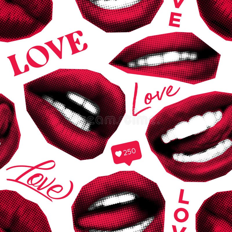 Collage Vector Pattern with Halftone Mouth, Lips, Kiss. Trendy Magazine ...