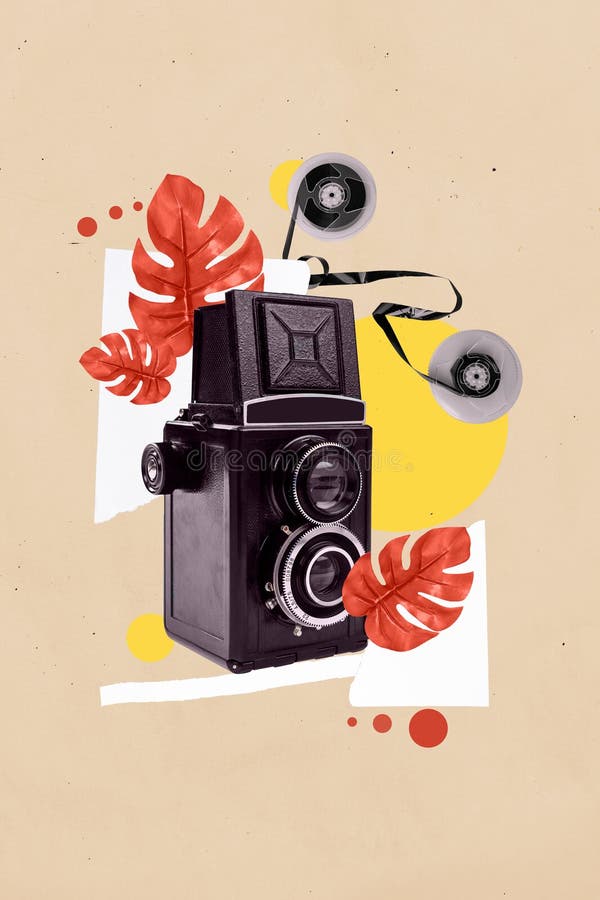Collage Vertical Artwork of Old Retro Vintage Camera Isolated on ...