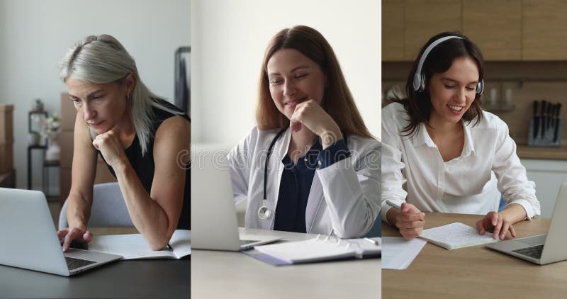 Collage View, Workflow of Three Women Using Modern Wireless ...