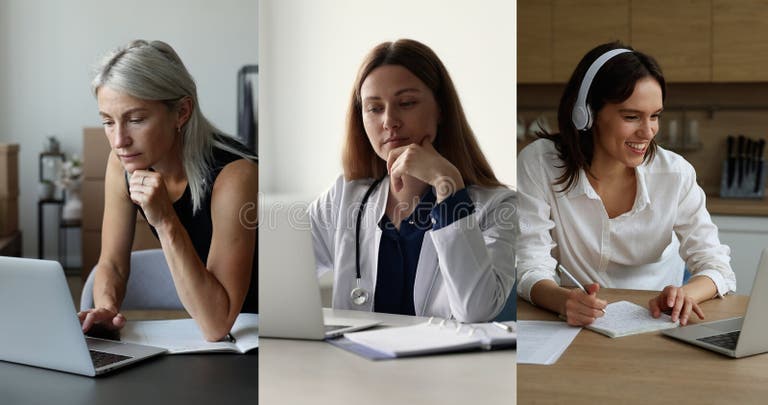 Collage View, Workflow of Three Women Using Modern Wireless ...