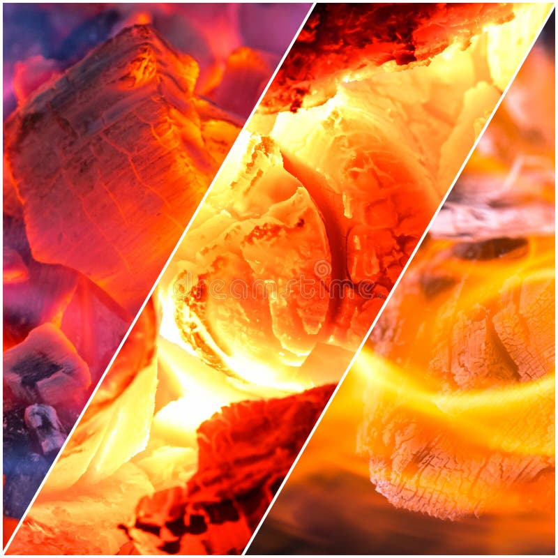 Collage Views of Open Flame and Glowing Charcoal Stock Image - Image of ...