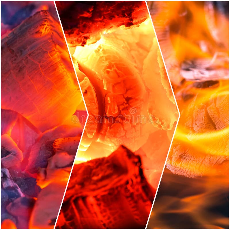 Collage Views of Open Flame and Glowing Charcoal Stock Image - Image of ...