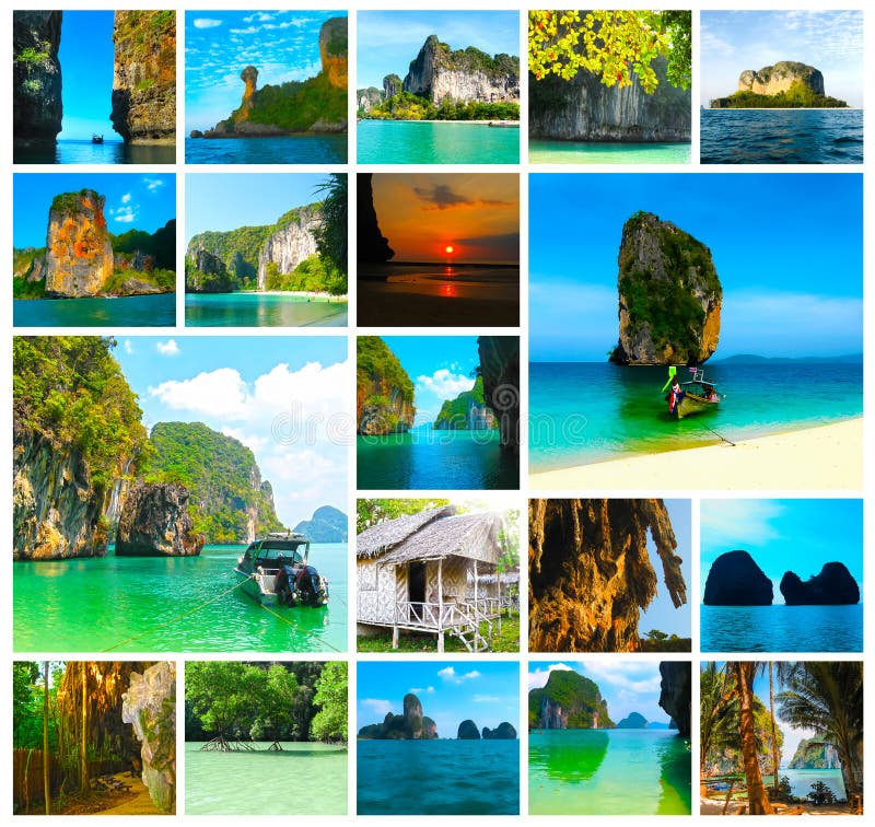 The Collage of Views of Tropical Landscape. Railay Beach, Krabi ...