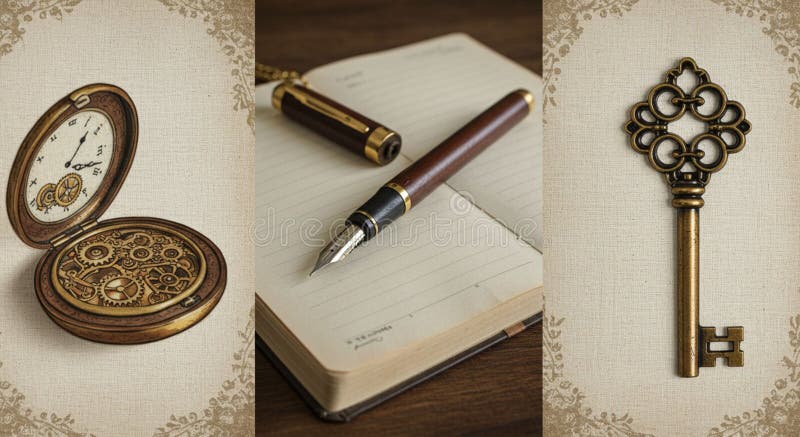 Collage of Vintage Items with Key Clock and Fountain Pen Stock ...