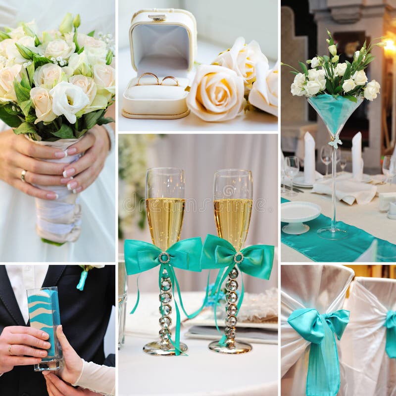 Collage of Wedding Pictures Decorations in Turquoise, Blue Color Stock ...