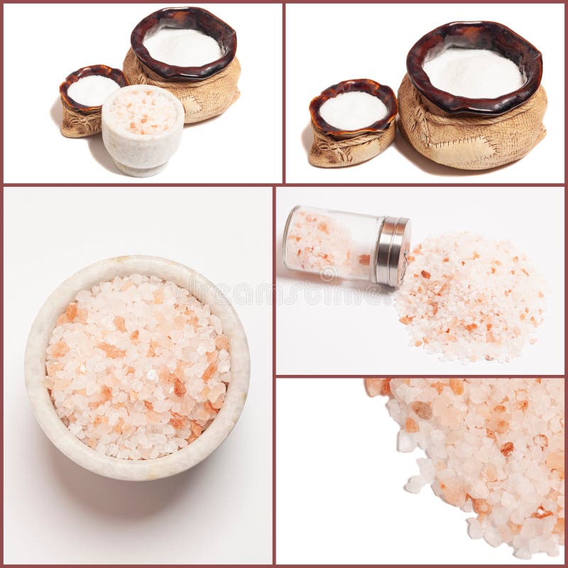 Collage with White Salt and Large Crystals Pink Himalayan Salt. Stock ...