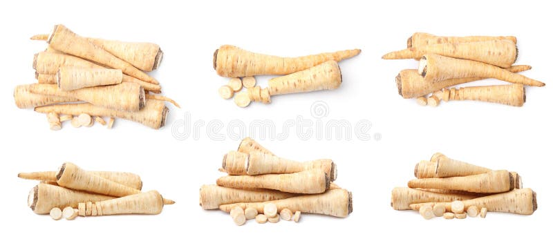 Collage with Whole and Cut Parsley Roots on White Background Stock ...