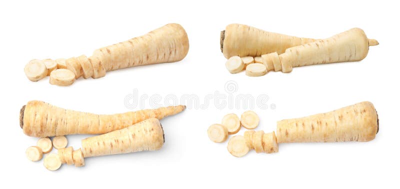 Collage with Whole and Cut Parsley Roots on White Background, Top and ...