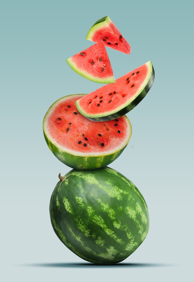 Collage with Whole and Cut Watermelons on Light Blue Gradient ...