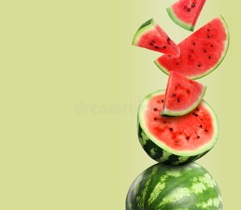 Collage with Whole and Cut Watermelons on Light Olive Background. Space ...