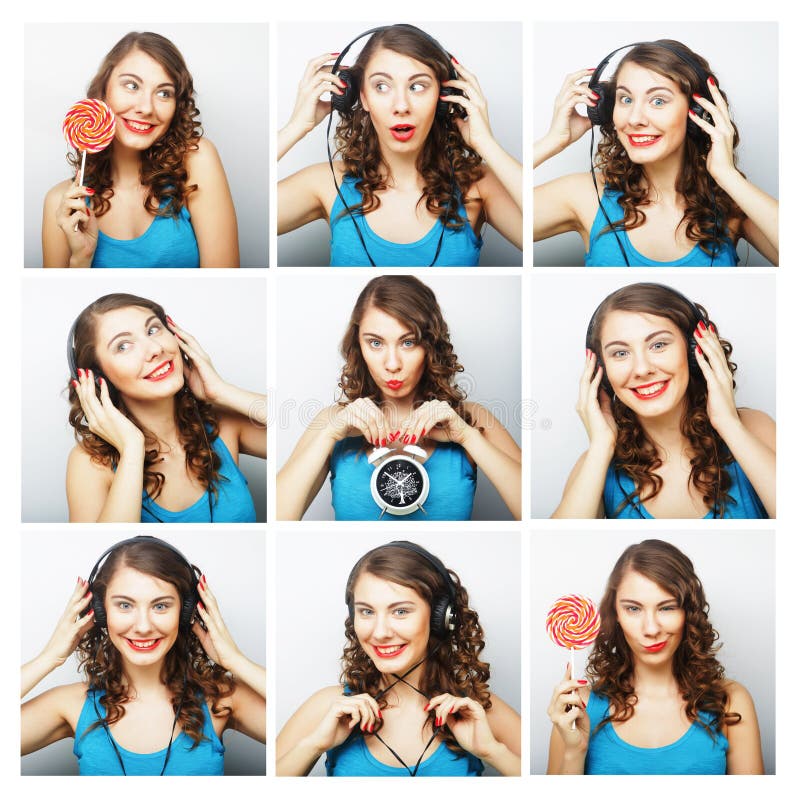 Collage Woman Different Facial Expressions Studio Shot Stock Photos ...