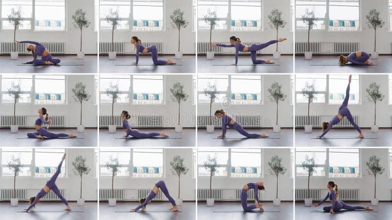 Collage Yoga Sequence Performed by Woman in Studio Stock Footage ...