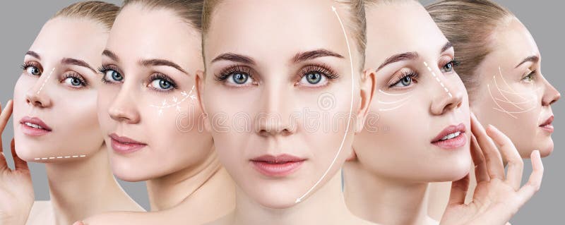 Collage of Woman`s Faces with Lifting Arrows. Stock Image - Image of ...