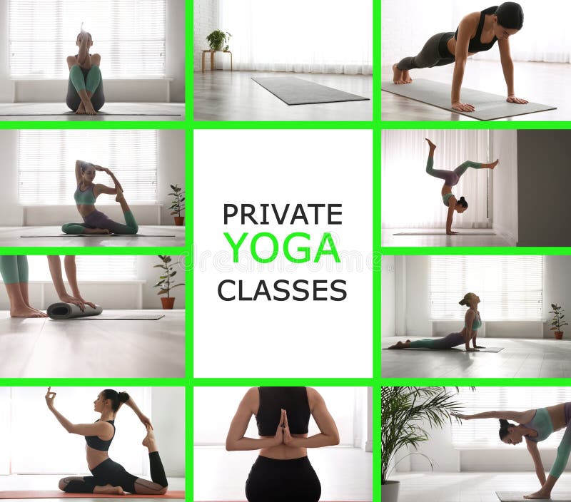 Collage of Women Practicing Poses and Text Private Yoga Classes Stock ...