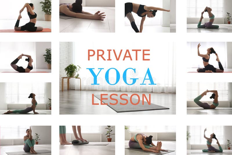 Collage of Women Practicing Poses and Text Private Yoga Classes Stock ...