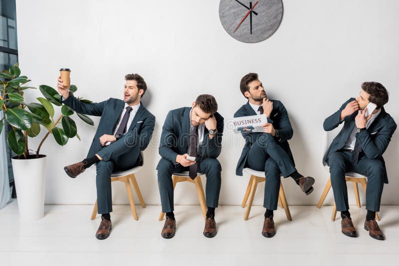 Collage of Young Businessman with Various Poses and Emotions Waiting ...