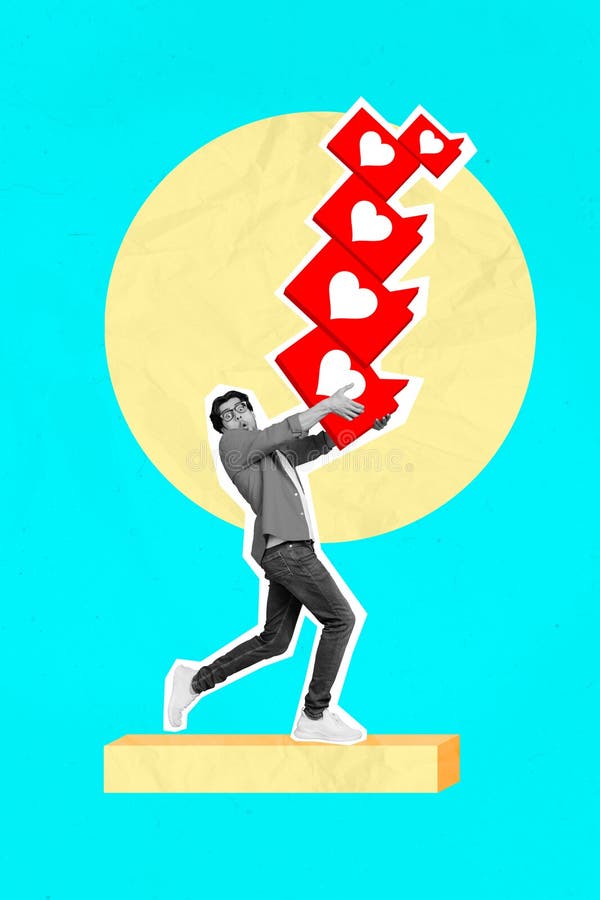 Collage of Young Funny Excited Influencer Hold Stack Likes Notification ...