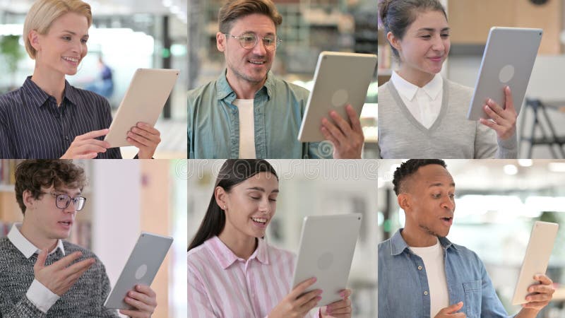 Collage of Multiple Race People Talking on Video Call on Tablet Stock ...