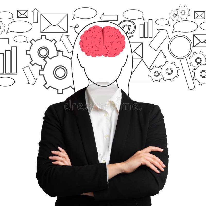 Collage of Young Woman with Drawing of Brain in Her Head and Different ...