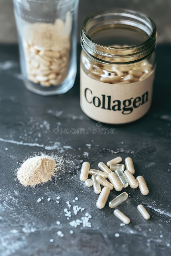 Collagen Powder and Capsules on the Table. Selective Focus Stock Image ...