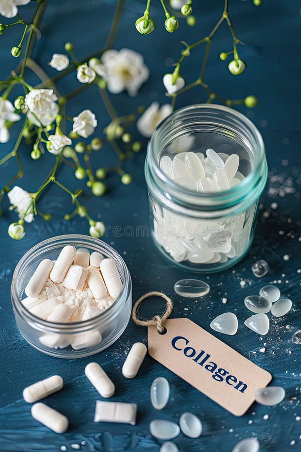 Collagen Powder and Capsules on the Table. Selective Focus Stock Photo ...
