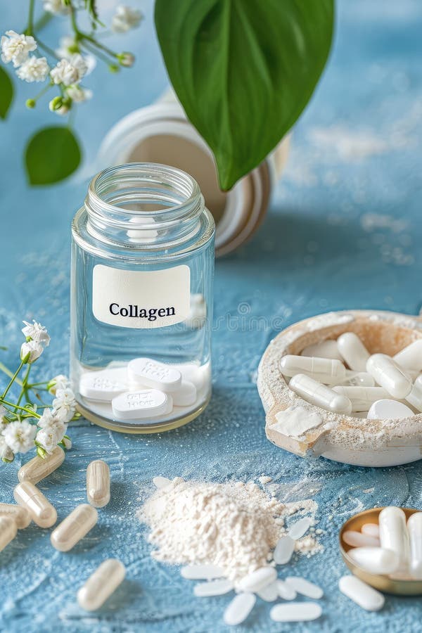 Collagen Powder and Capsules on the Table. Selective Focus Stock Image ...