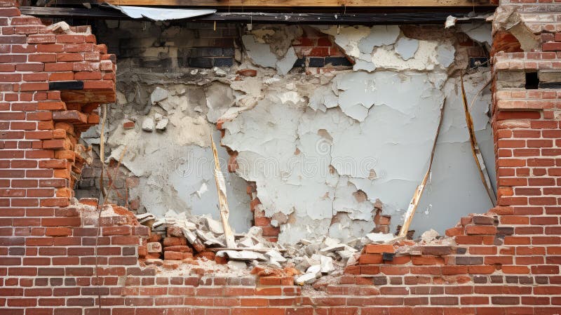 Collapse fire wall damage stock photo. Image of bricks - 369559428