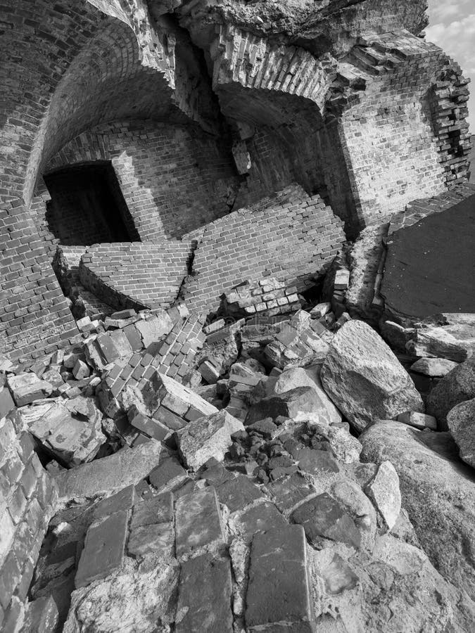 Collapsed Brick Building Ruins in Black and White Photography Stock ...
