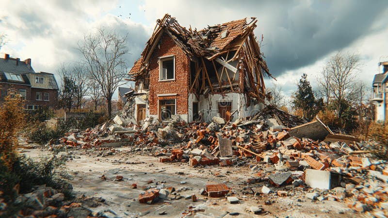 Collapsed Brick House in Ruins after Natural Disaster with Overcast Sky ...