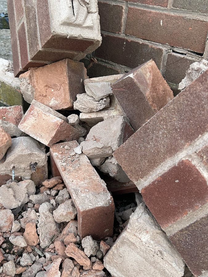 Collapsed Brick Wall, Brick Rubble Visible with Traffic Cone, Stock Photo - Image of neglect ...