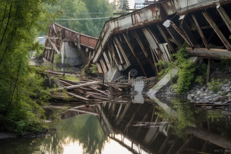 Collapsed Bridge with Broken Support Beams Stock Illustration ...