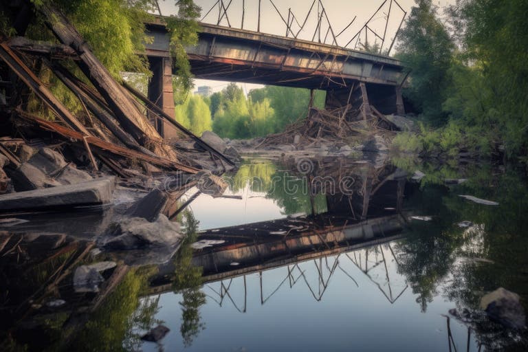 Collapsed Bridge with Broken Support Beams Stock Illustration ...