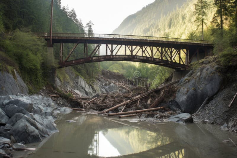 Collapsed Bridge Caused by Mountain Mudslide Stock Illustration ...