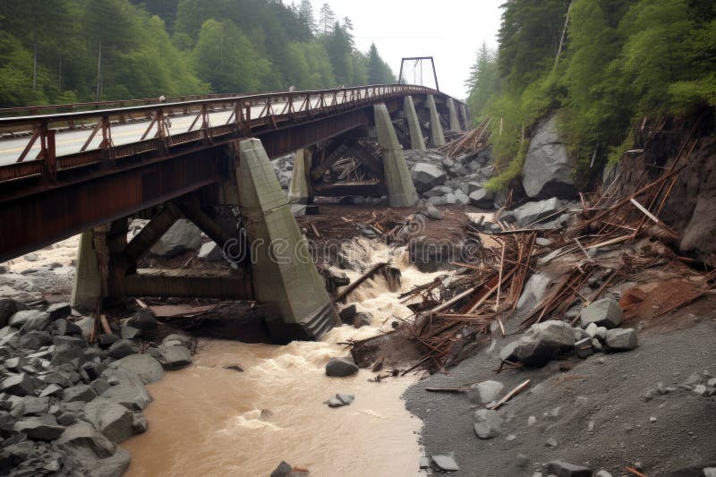 Collapsed Bridge Caused by Mountain Mudslide Stock Illustration ...
