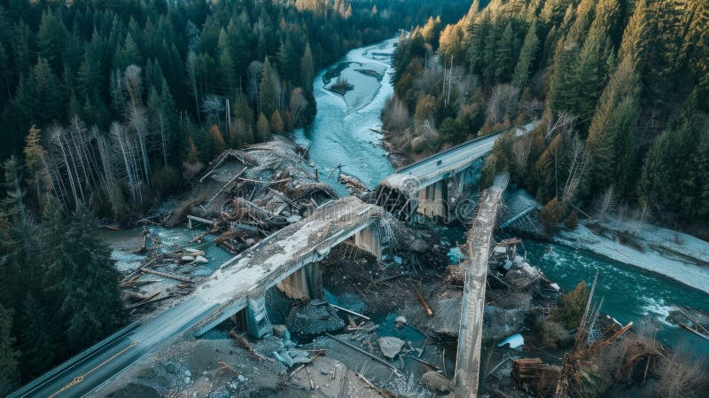 Collapsed Bridge and Damaged Trees Along a River in a Forest Setting ...