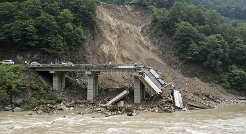 Collapsed Bridge after Landslide Over River in Forest Landscape Stock ...