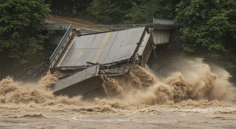 Collapsed Bridge Over Raging River after a Natural Disaster Event Stock ...