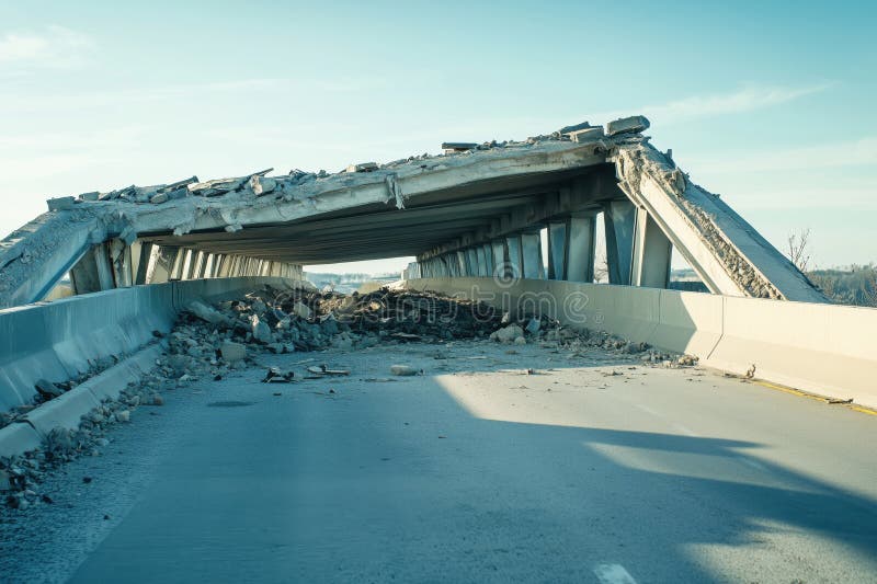 Collapsed Bridge Structure, Debris Scattered, Clear Sky Stock Image ...