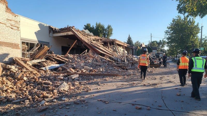 A Collapsed Building with Debris and Emergency Responders Assessing the ...