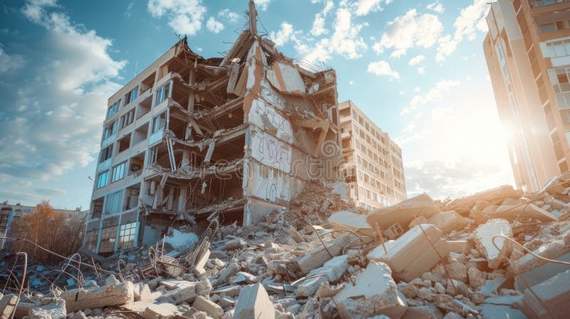 A Collapsed Building with Debris Scattered Around, Illustrating Stock ...