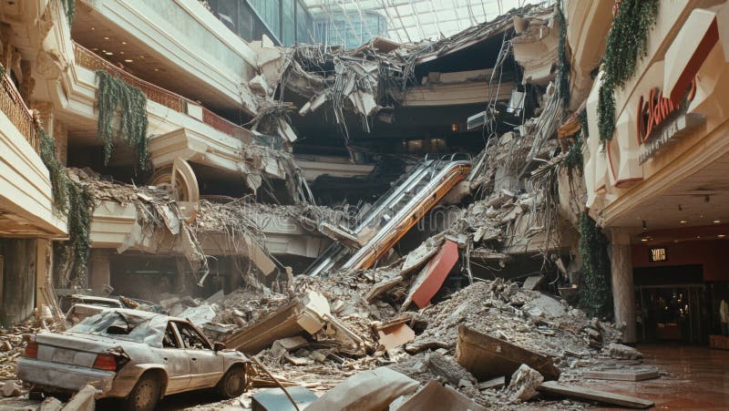 A Collapsed Building Interior with an Escalator and Debris Stock ...