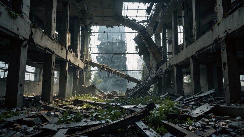 Collapsed Building Interior with Overgrown Plants in a Post-Apocalyptic ...