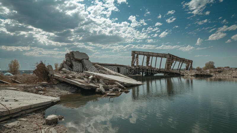 Collapsed Building Ruins Submerged in Water Under Cloudy Sky Stock ...